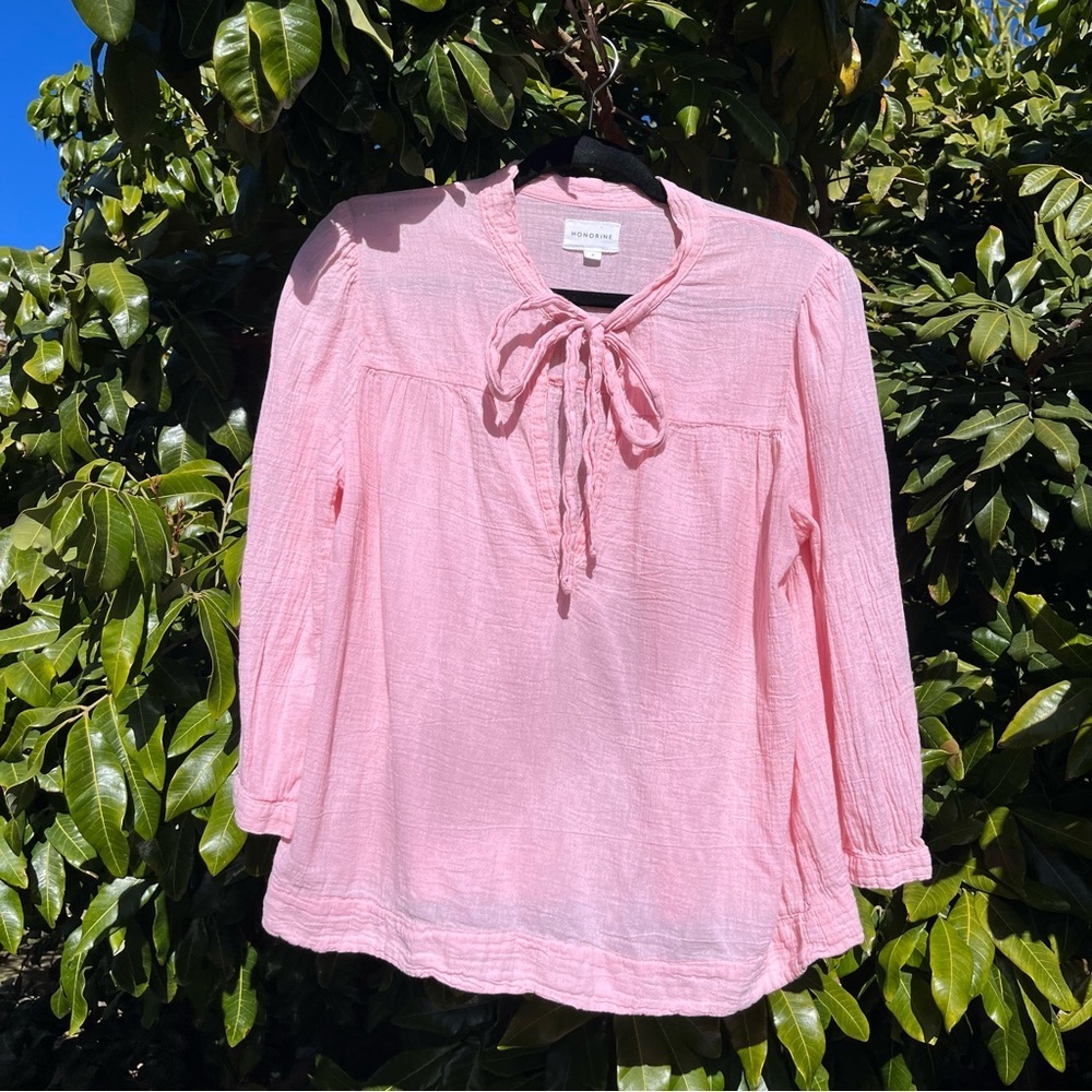 Honorine Pink Gauze Semi Sheer Tie Front Long Sleeve … - Gem
